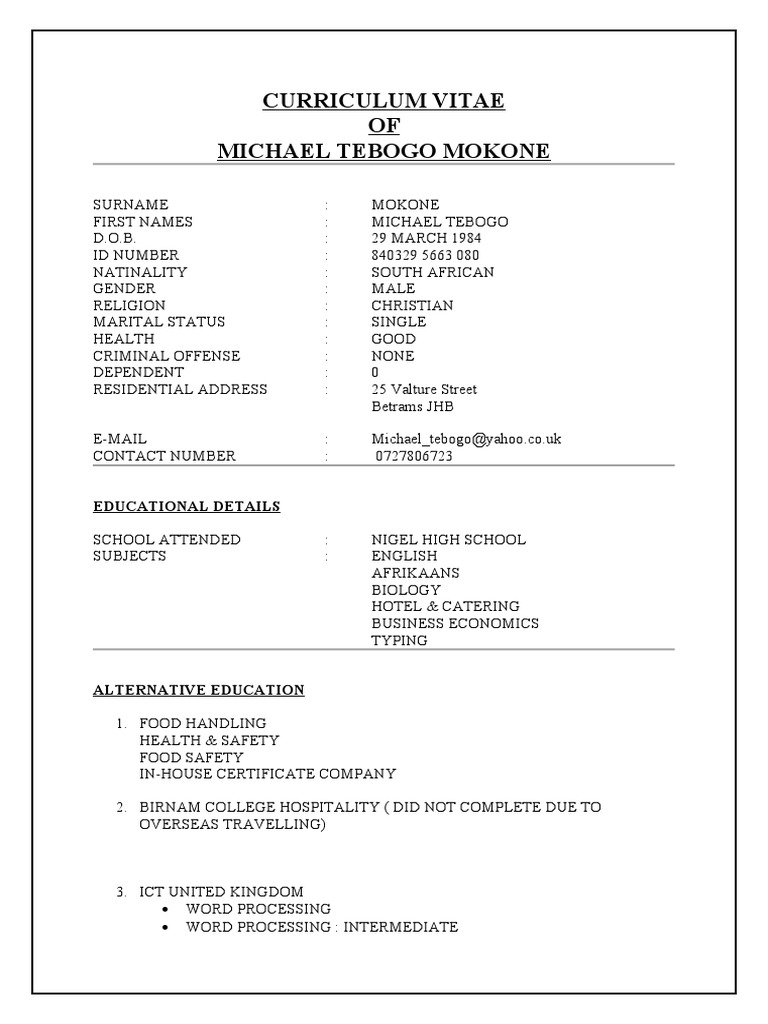 Curriculum Vitae Michael Mokone | PDF | Chef | Food And Drink
