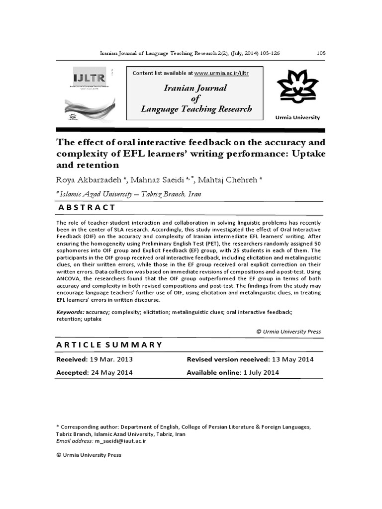 The Effect of Oral Interactive Feedback On The Accuracy and Complexity of EFL Learners' Writing ...