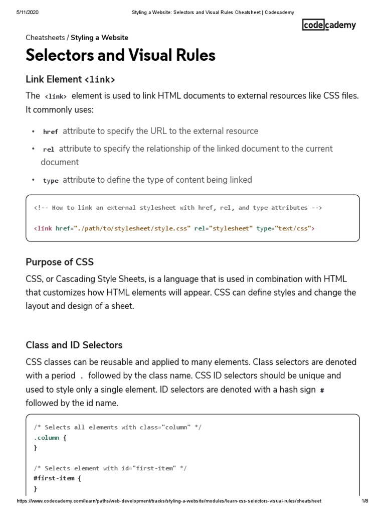 Styling A Website - Selectors and Visual Rules Cheatsheet - Codecademy | PDF | Cascading Style ...