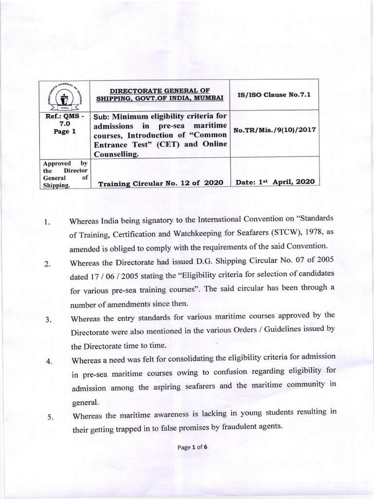 DGS Circular Eligibility For Pre Sea Courses | PDF | Diploma | Academic ...