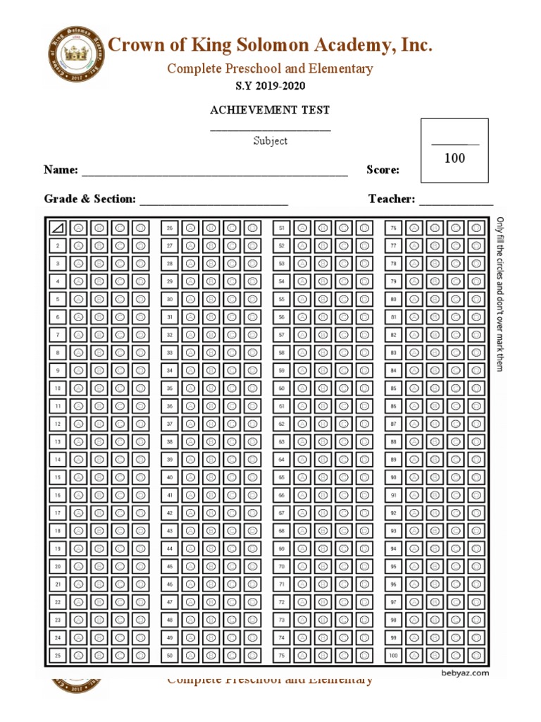 Answer Sheet Achievement Test | PDF