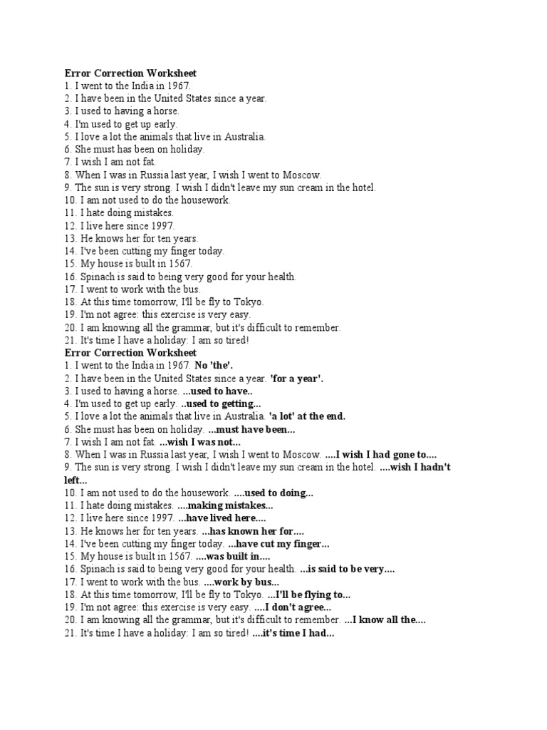 Correcting Common Grammatical Errors: An Error Correction Worksheet | PDF