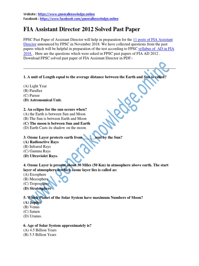 FIA Assistant Director 2012 Solved Paper | PDF