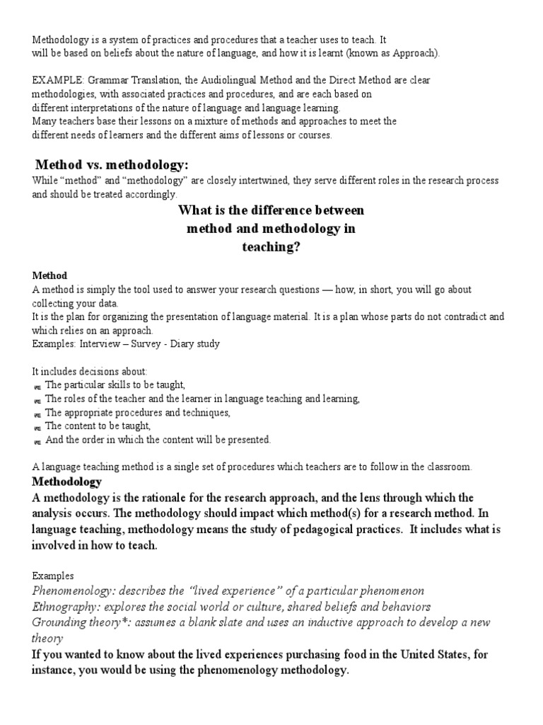 Method vs. Methodology: What Is The Difference Between Method and Methodology in Teaching? | PDF ...