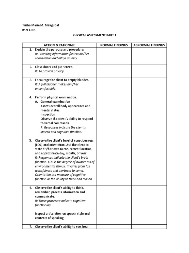 Physical Assessment Part 1 Action & Rationale Normal Findings Abnormal ...