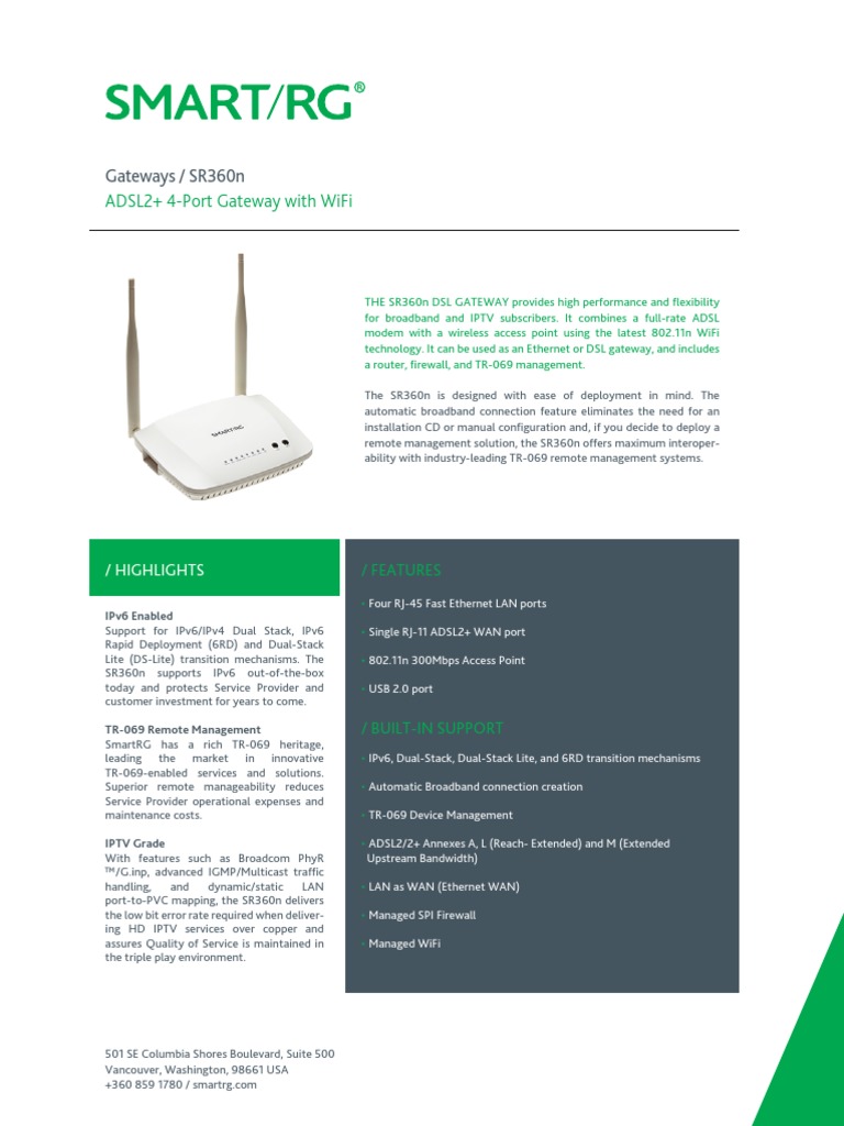 Gateways / Sr360N: Adsl2+ 4-Port Gateway With Wifi | PDF | I Pv6 | Wi Fi