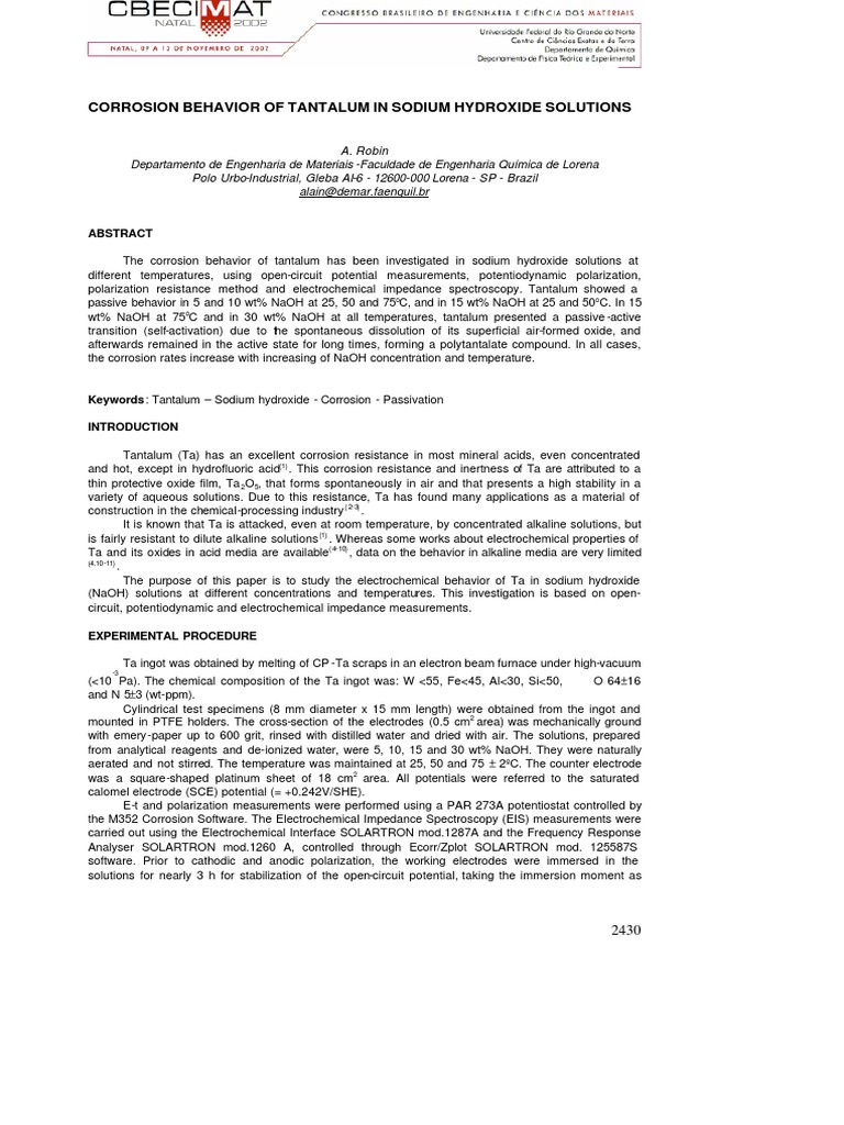 Corrosion Behaviour of Tantalum in Sodium Hydroxide Solutions | PDF ...