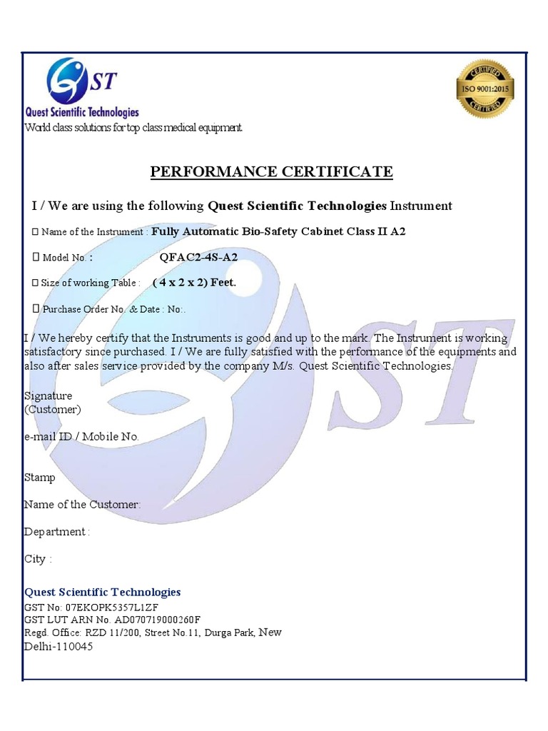 Performance Certificate for Medical Equipment | PDF | Technology ...