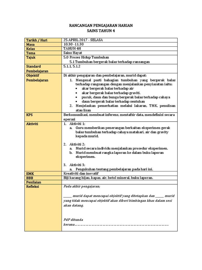Rancangan Pengajaran Sains Tahun 4 | PDF