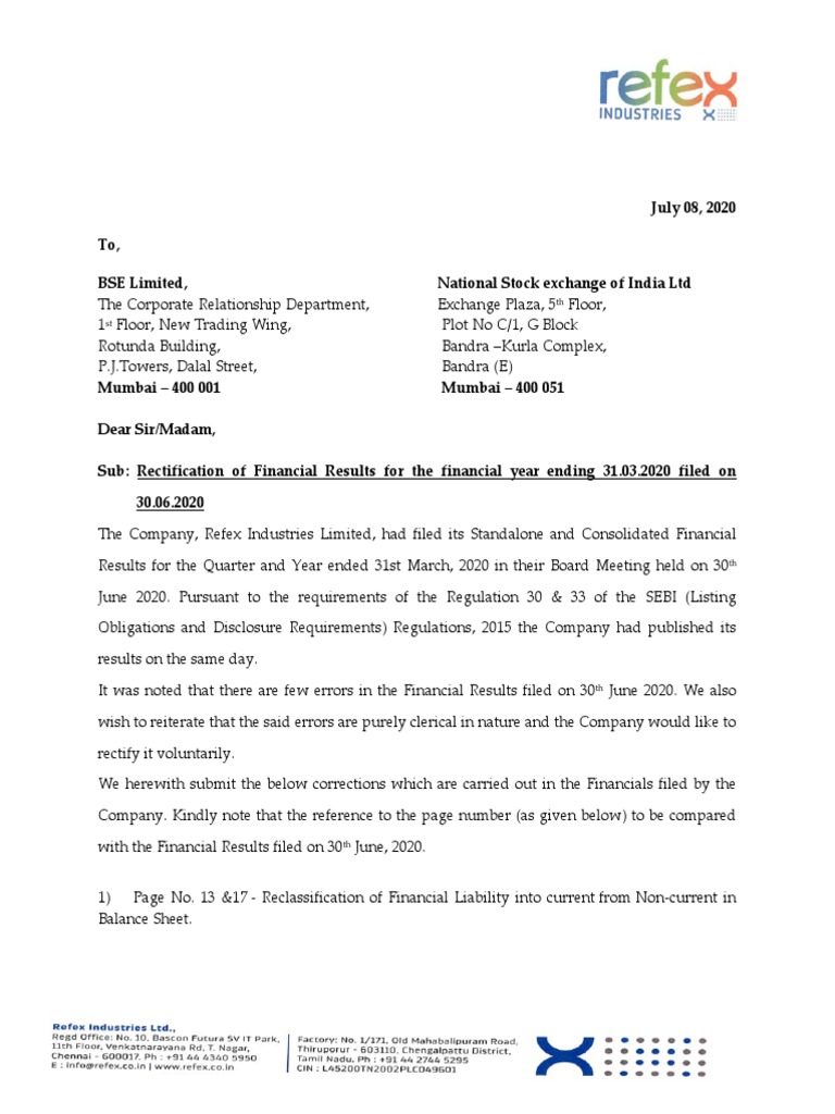 July 0 8, 2020 To, BSE Limited, National Stock Exchange of India LTD ...