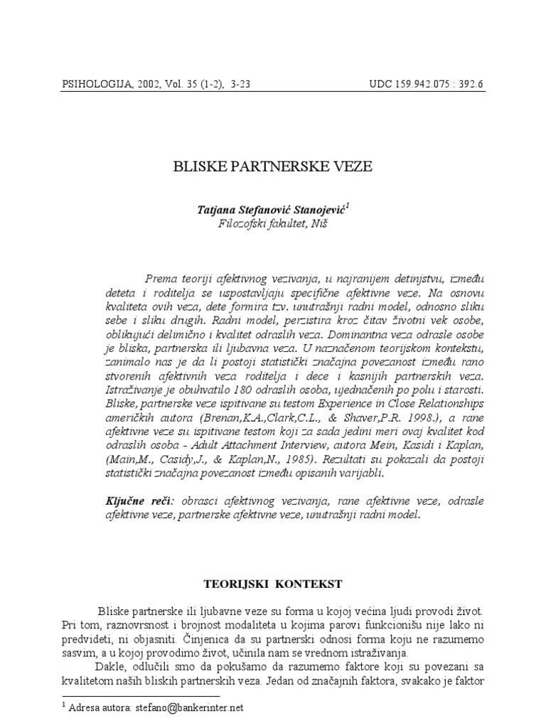 Afektivno Vezivanje I Partnerske Veze | PDF