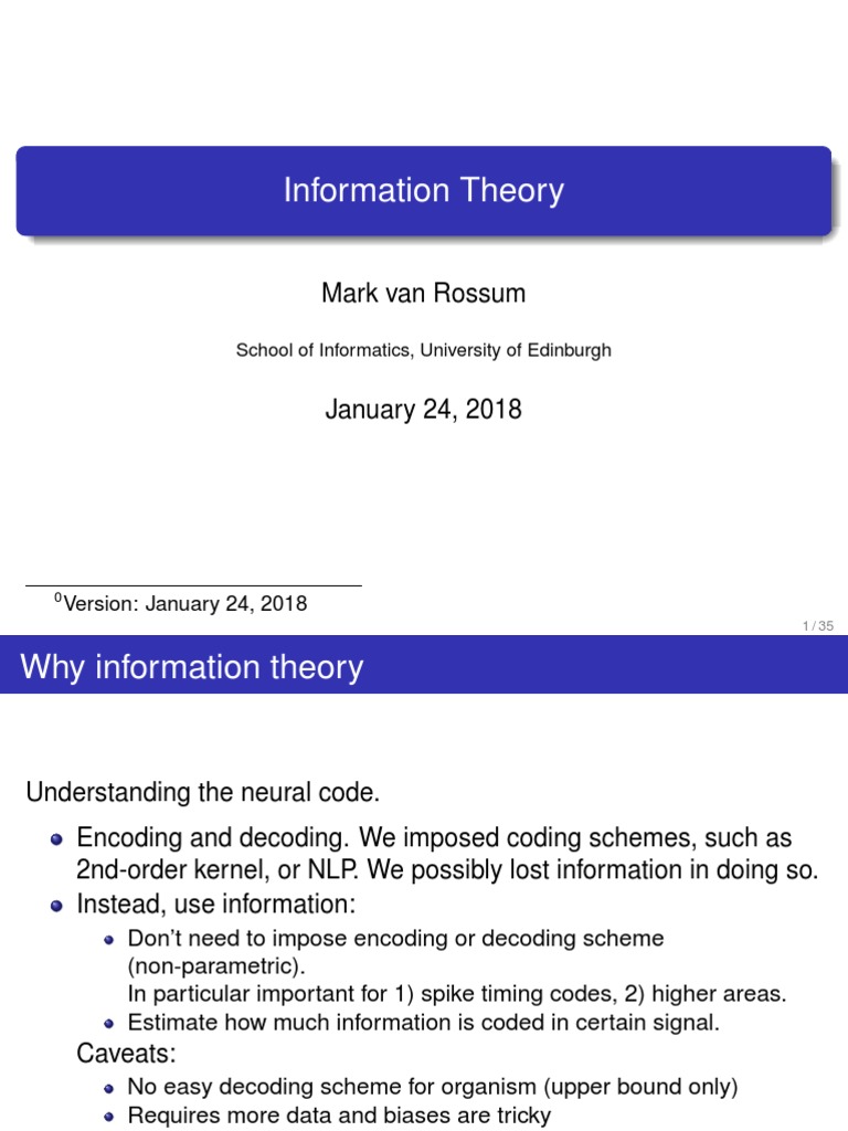 Information Theory: Mark Van Rossum | PDF | Bias Of An Estimator | Applied Mathematics