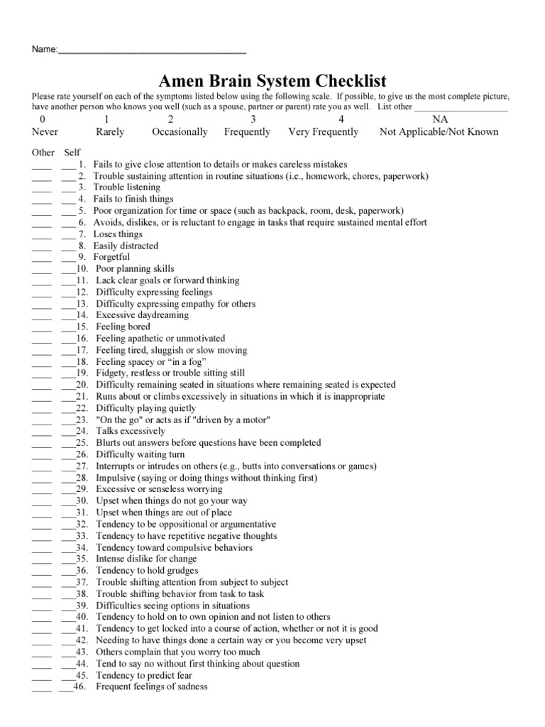 Amen Brain System Checklist | PDF | Panic Attack | Anxiety