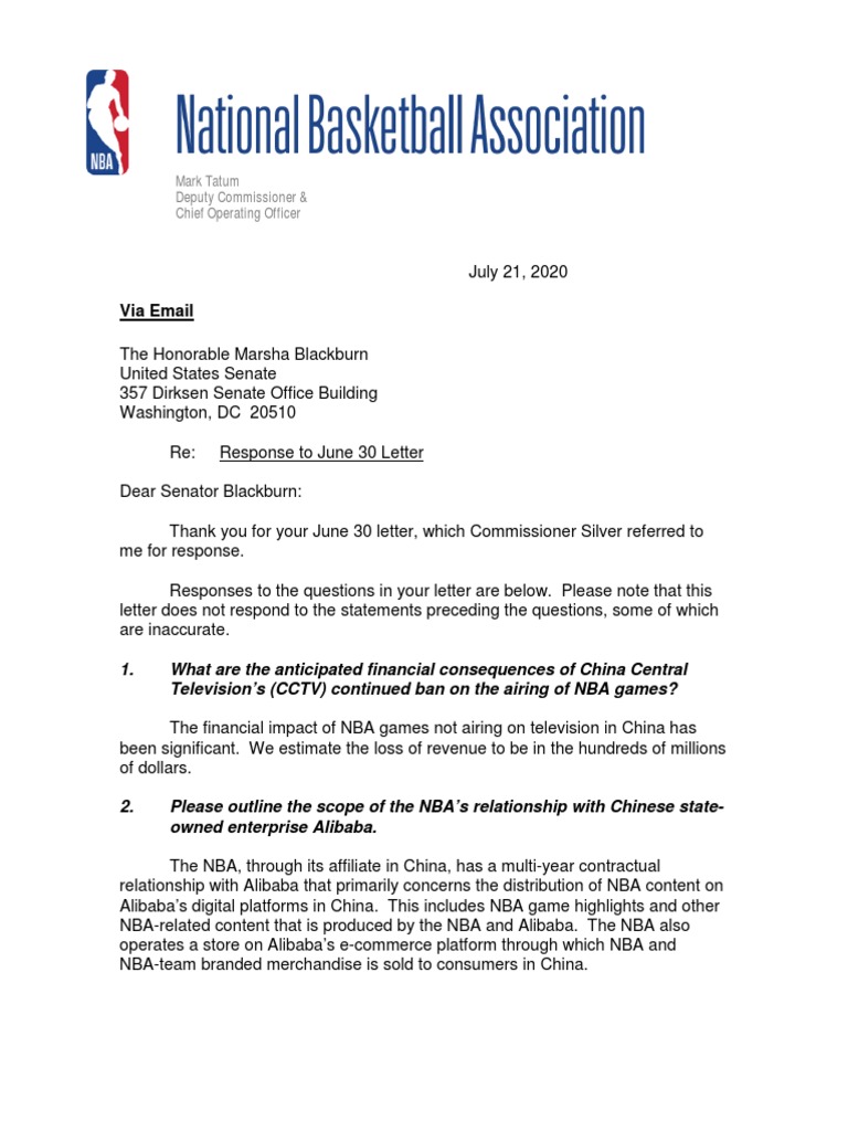 NBA Letter To Marsha Blackburn | PDF