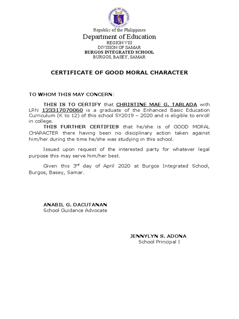 Good Moral Character Certificate | PDF