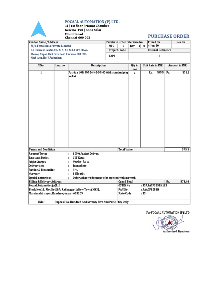 Purchase Order for Festo India | PDF | Taxation | Government Finances