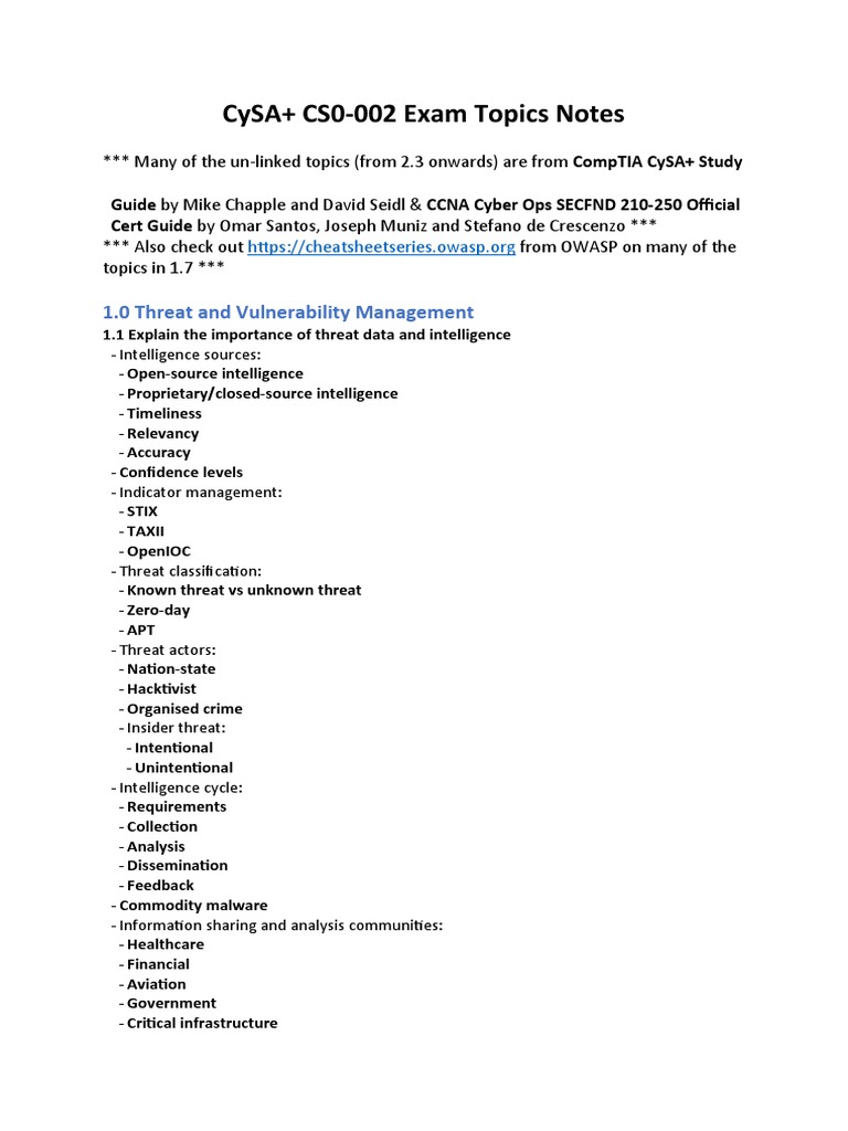 Cysa+ Cs0-002 Exam Topics Notes: 1.0 Threat and Vulnerability ...
