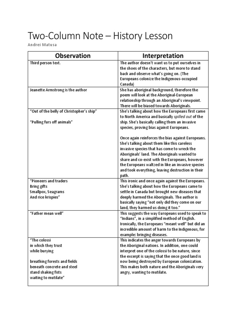 Two-Column Note - History Lesson: Observation Interpretation | PDF ...