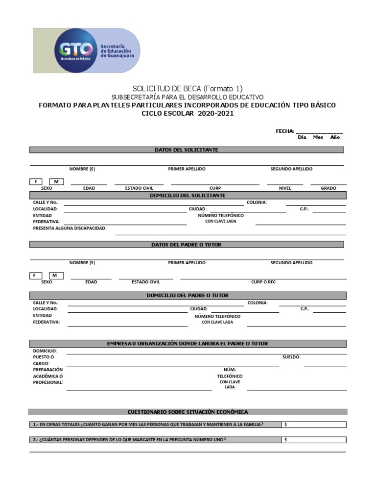 Formato 1. SOLICITUD DE BECA Básica 2020 - 2021 | PDF | Business