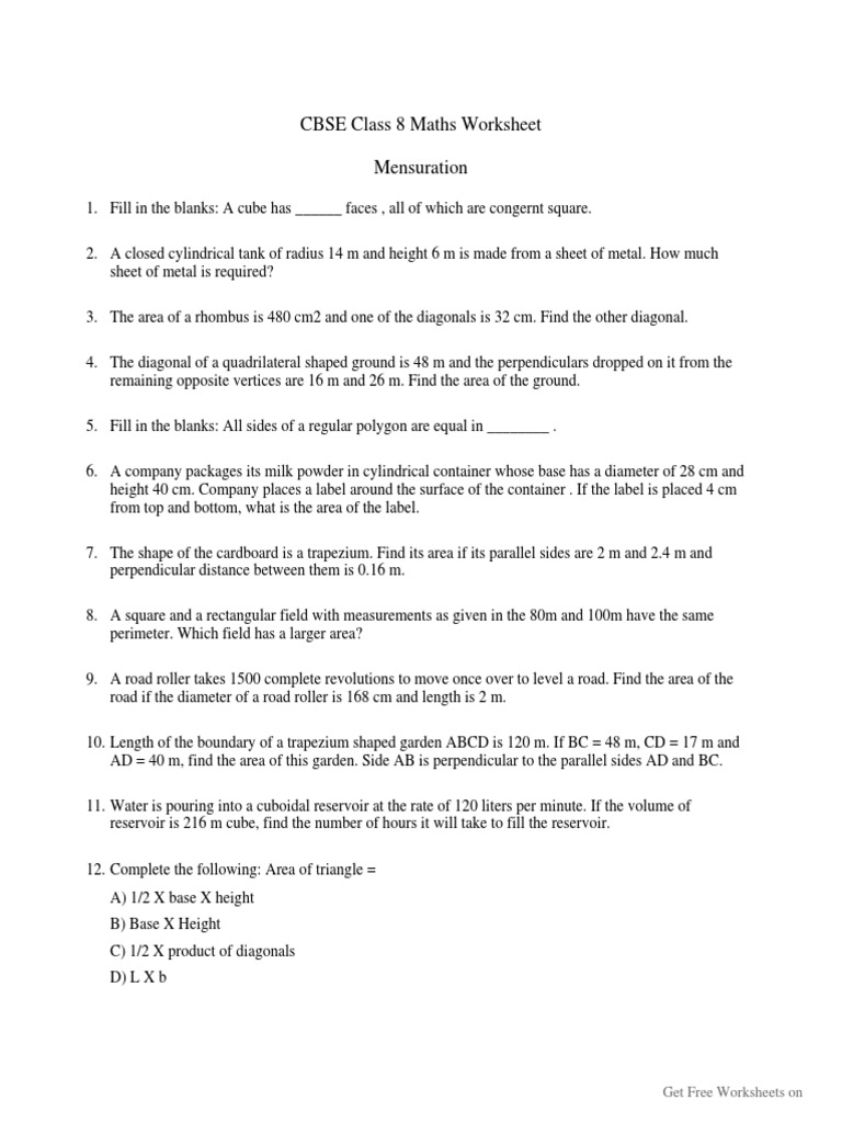 Cbse Class 8 Maths Mensuration Worksheet Answers Pdf Area Length