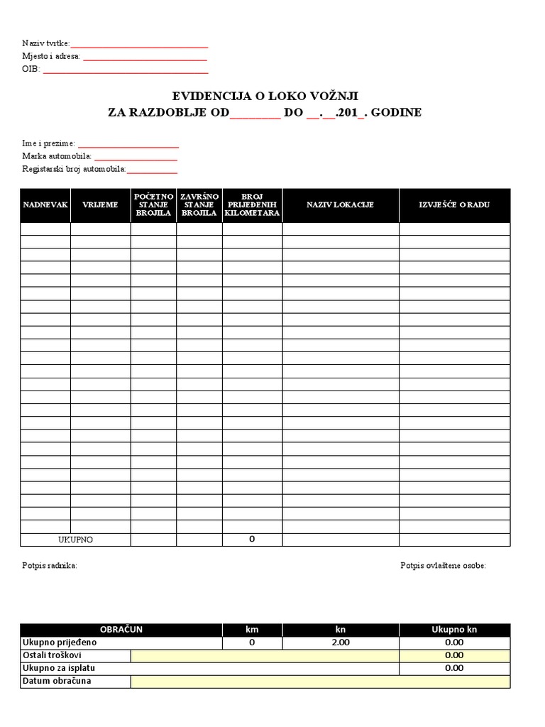 Obrazac Evidencija o Loko Voznji - Privatni Auto - 0 | PDF