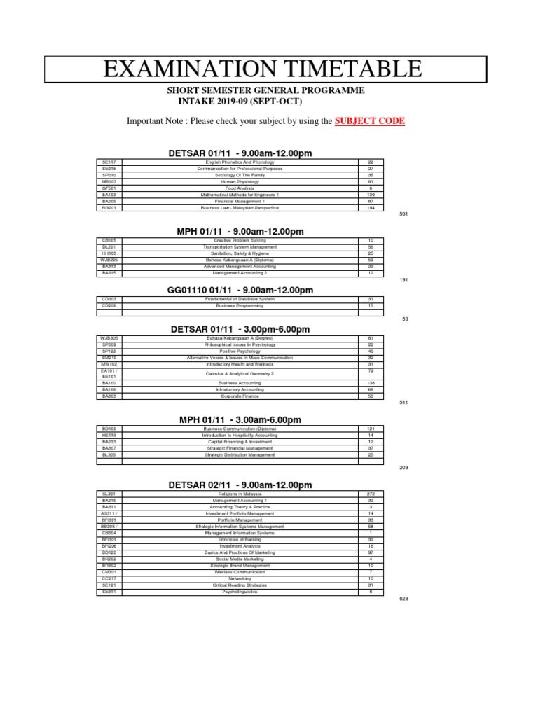 Examination Timetable: Important Note: Please Check Your Subject by ...