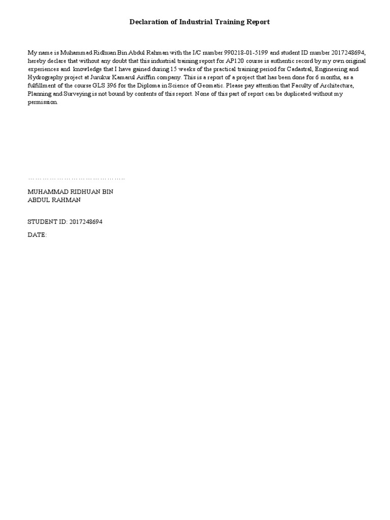 Declaration of Industrial Training Report | PDF | Behavior Modification ...