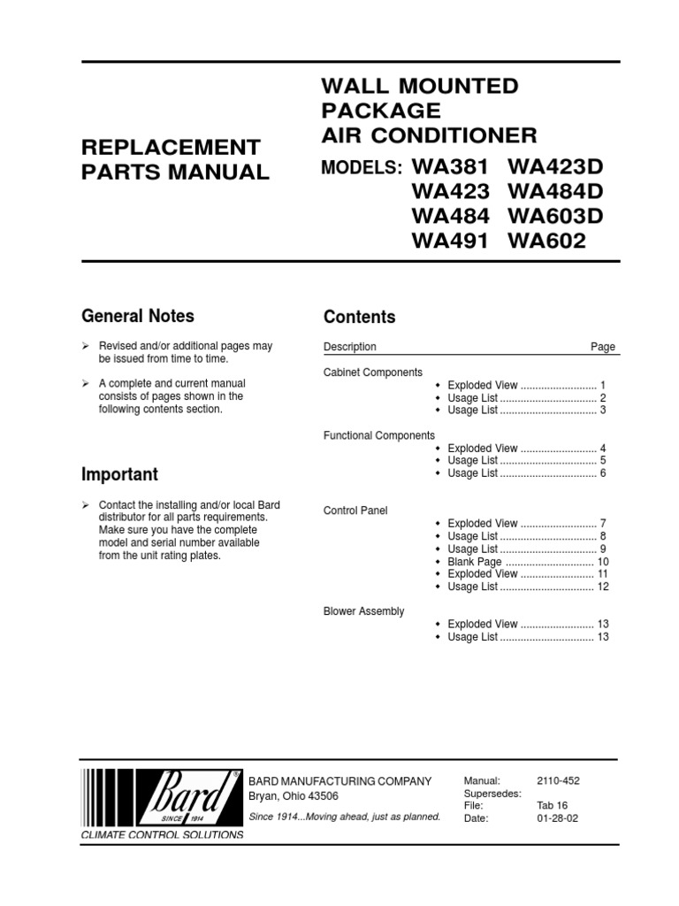 Manual de Partes Bard WA | PDF | Electric Heating | Transformer