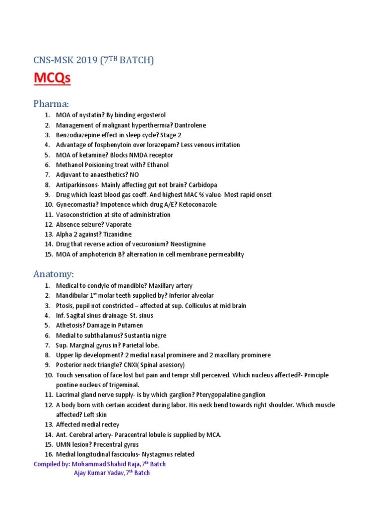 CNS-MSK 2019 MCQs and PBQs | PDF | Vertebra | Spinal Cord