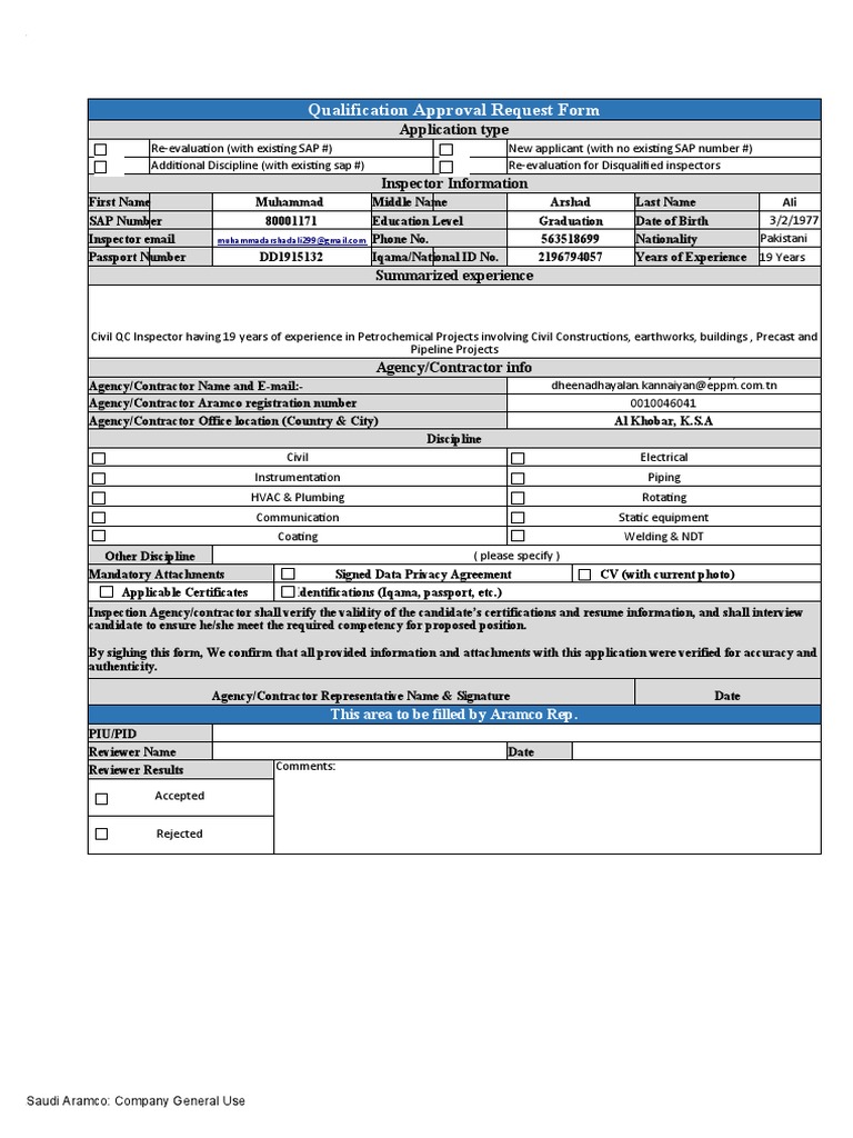 Aramco PID Inspector Qualification Form | PDF | Privacy | Government ...