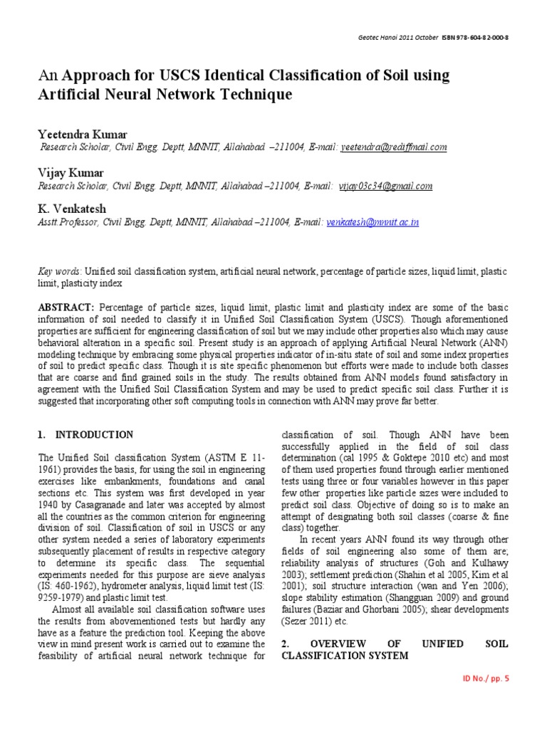 An Approach For USCS Identical Classification of Soil Using Artificial Neural Network Technique ...