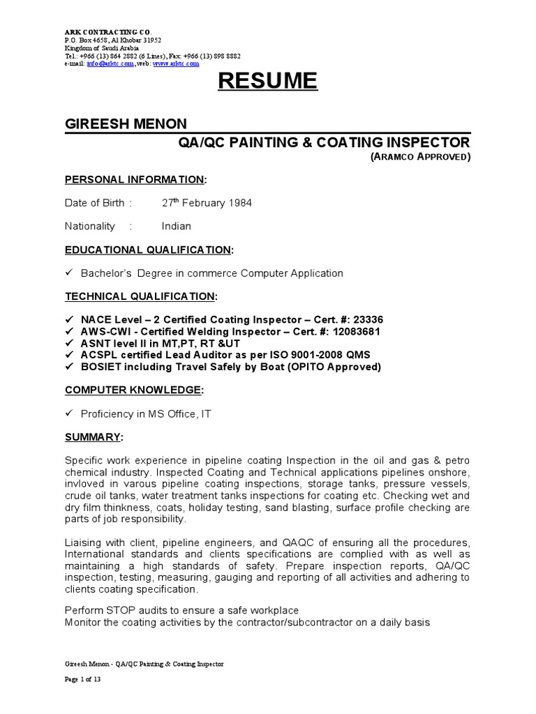 QC Inspector PAINTING & COATING - GIREESH MENON | PDF | Nondestructive ...