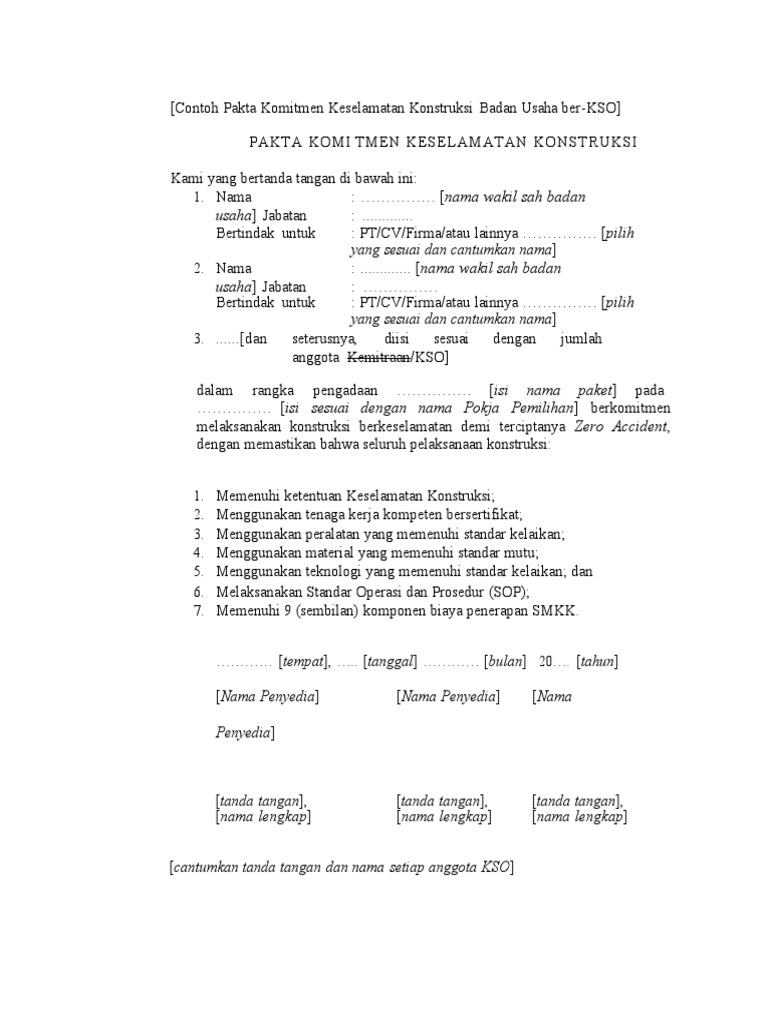 Contoh Pakta Komitmen Keselamatan Konstruksi Badan Usaha Ber | PDF ...