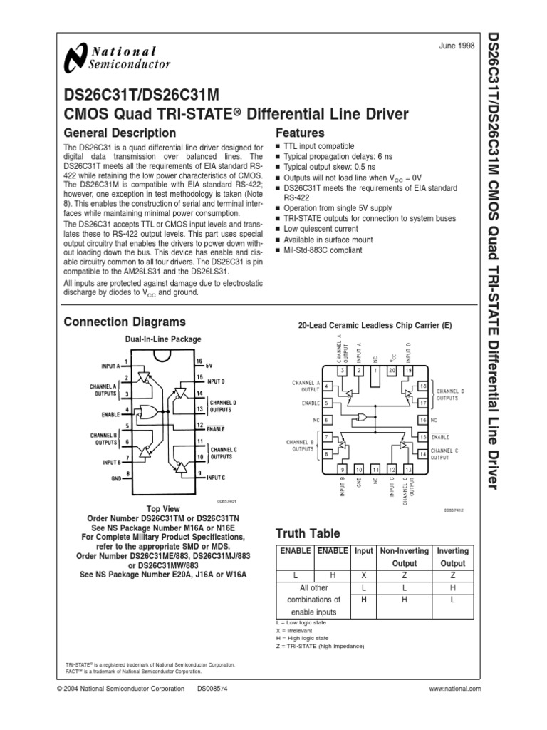 DS26C31T/DS26C31M Cmos Quad Tri-State Differential Line Driver | PDF | Power Supply | Cmos