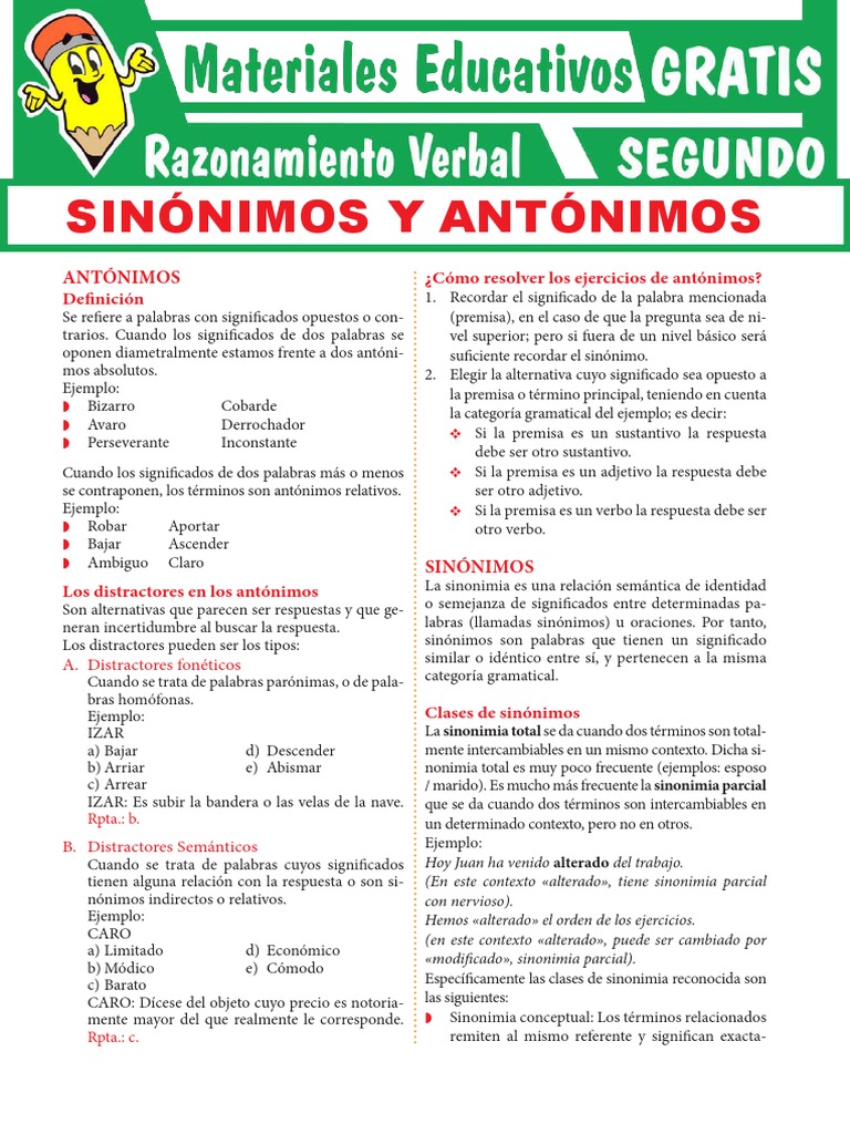 Ejercicios de Sinónimos y Antónimos para Segundo Grado de Secundaria ...