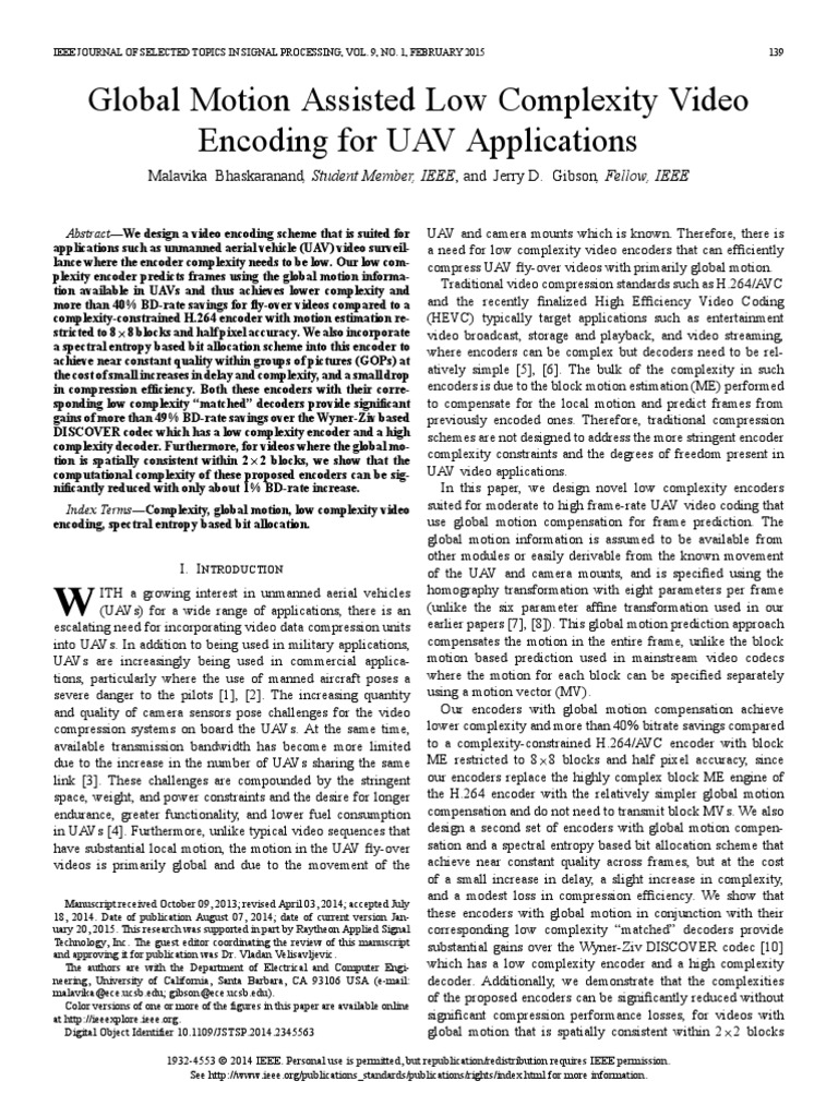 Global Motion Assisted Low Complexity Video Encoding For UAV Applications | PDF | Data ...