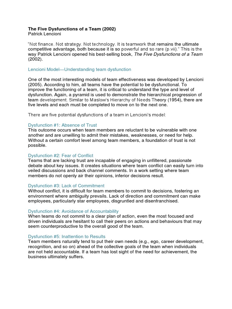 The Five Dysfunctions of A Team (2002) : Lencioni Model - Understanding ...
