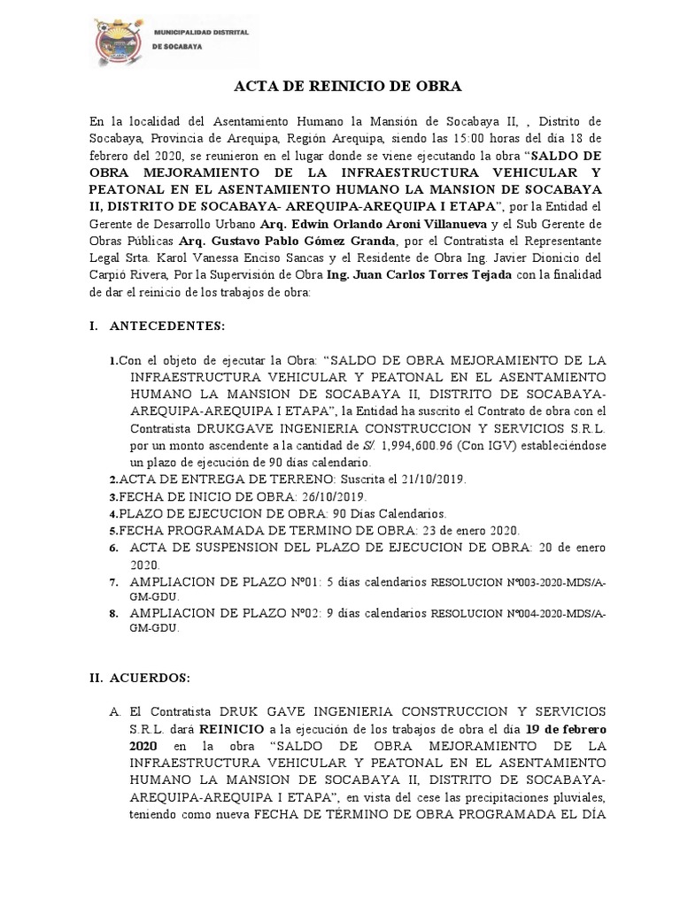 Acta de Reinicio de Obra | PDF | Agitación