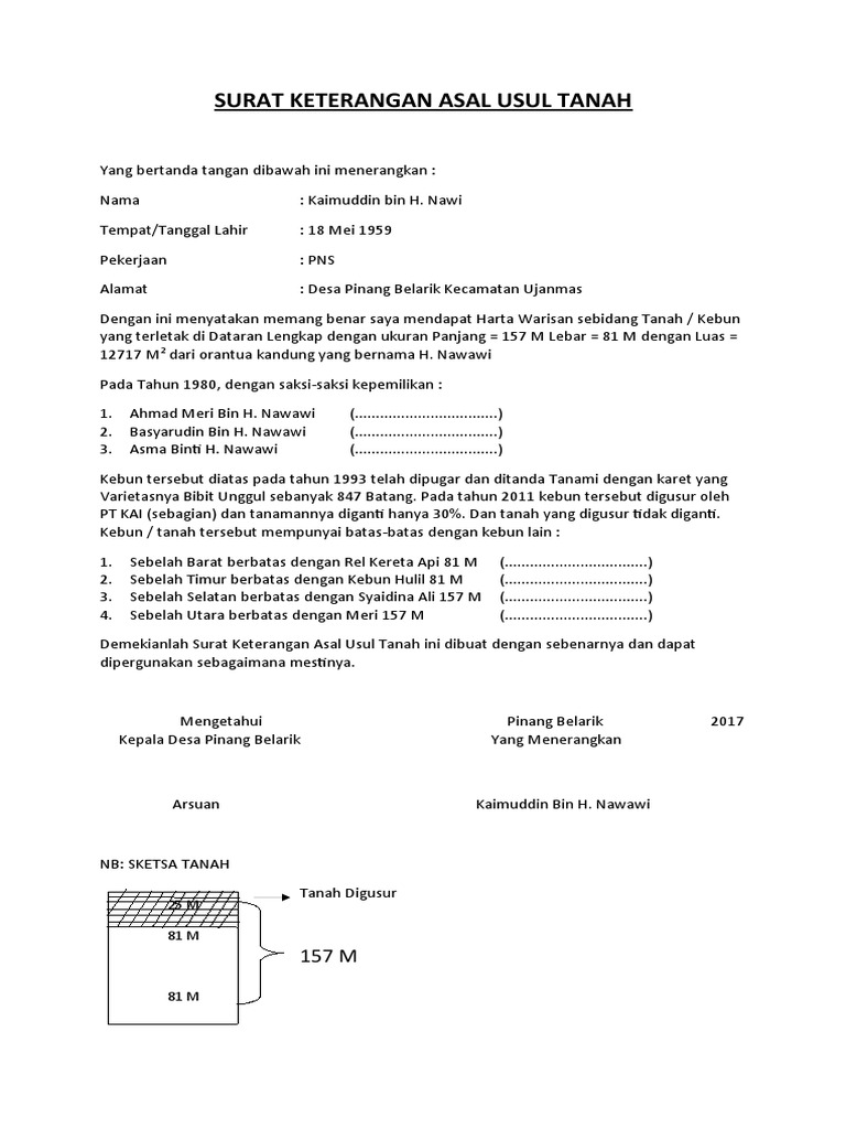 Surat Keterangan Asal Usul Tanah | PDF