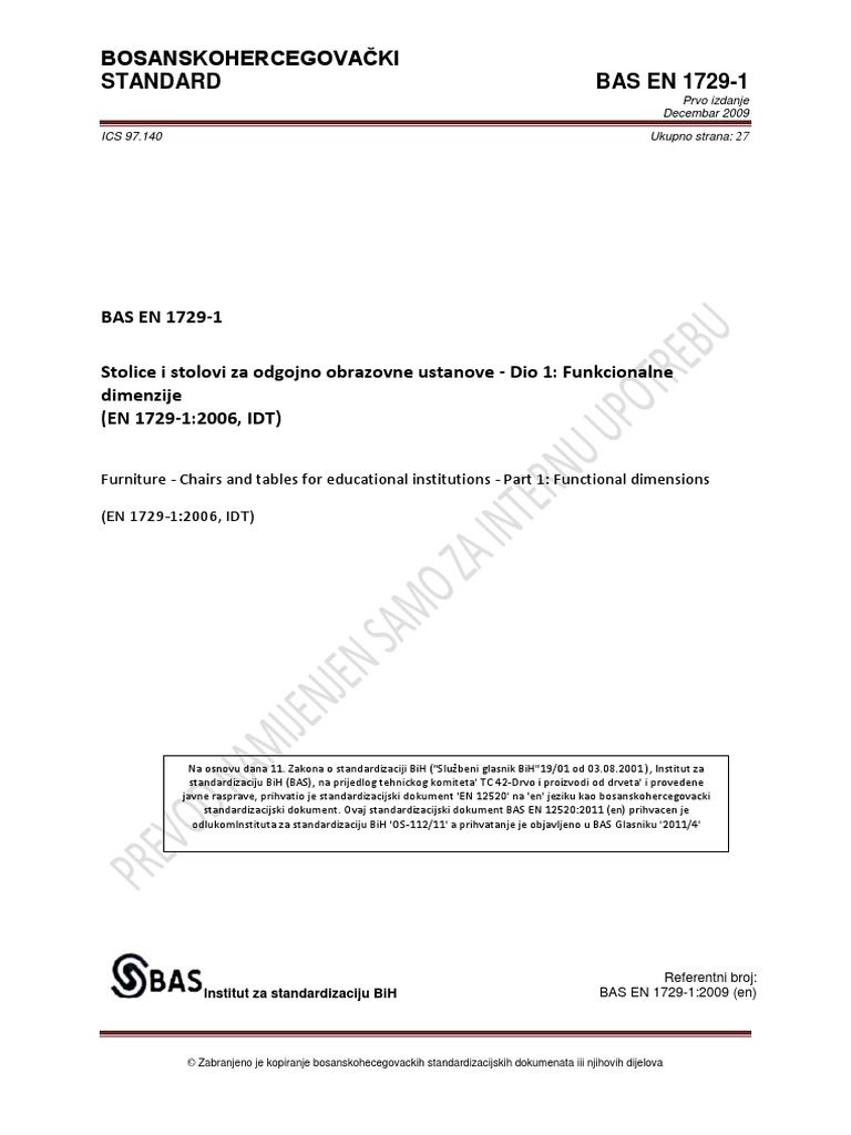 BAS EN 1729-1 - Stolice I Stolovi Za Obrazovne Ustanove | PDF