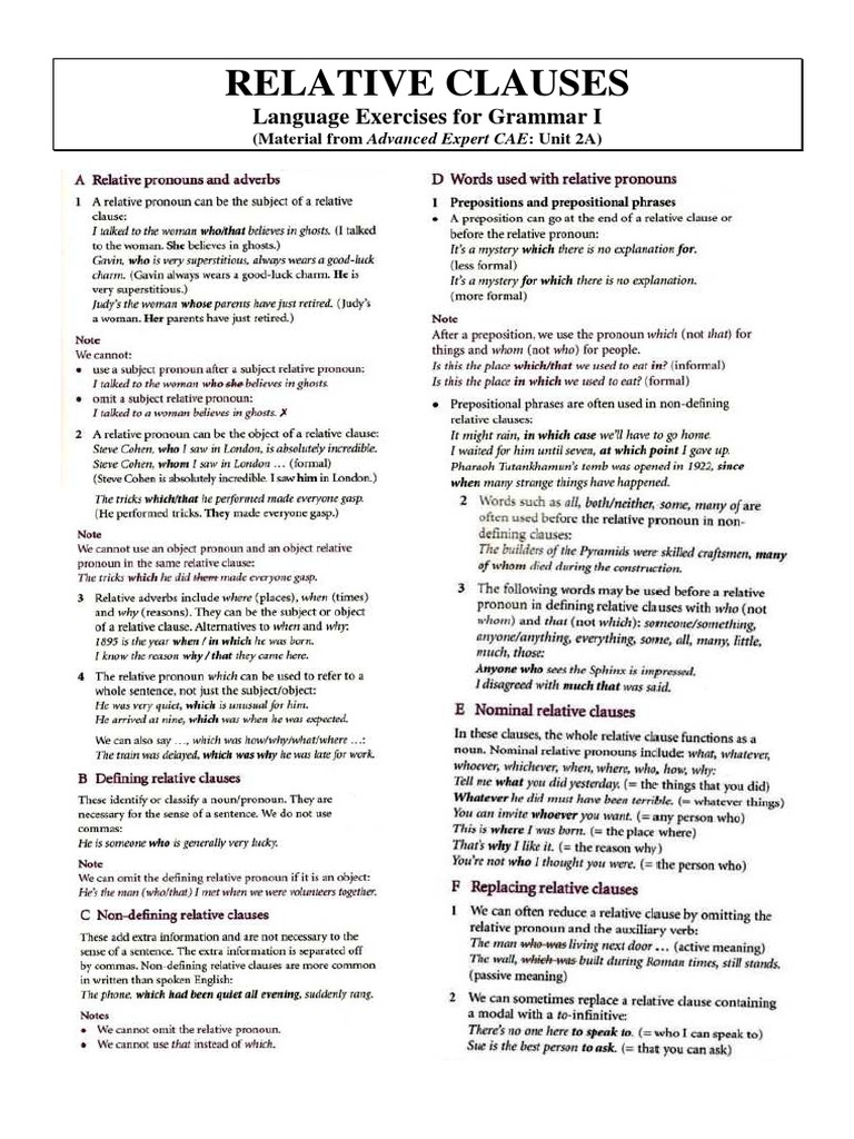 Relative Clauses - Advanced (Exercises & KEYI) | PDF