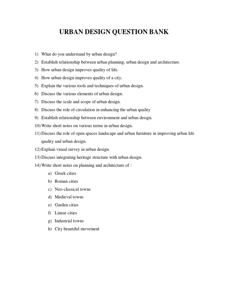 Urban Design Question Bank Overview | PDF