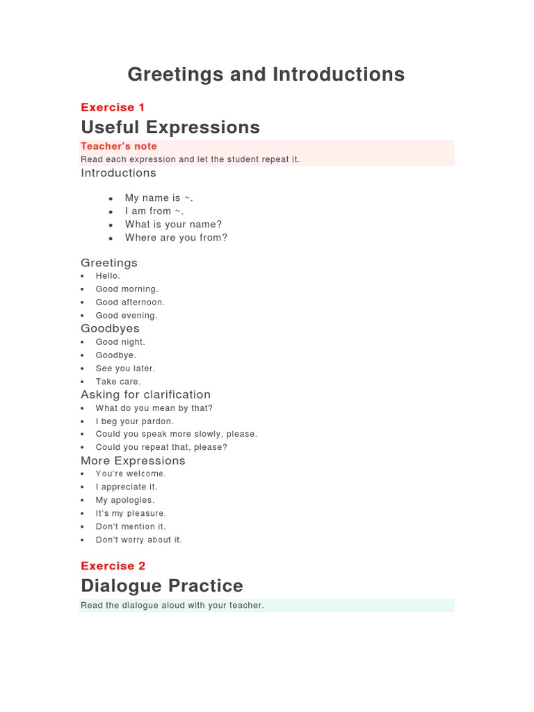 Greetings and Introductions Exercises | PDF