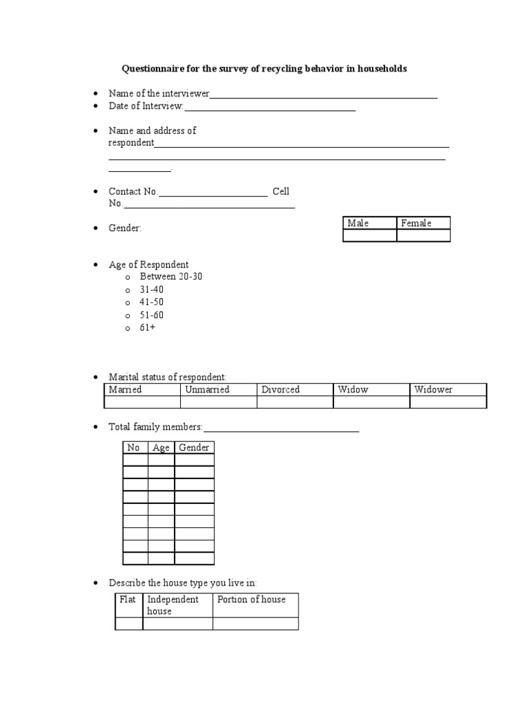Final Questionnaire For The Survey of Recycling Behavior in Households ...
