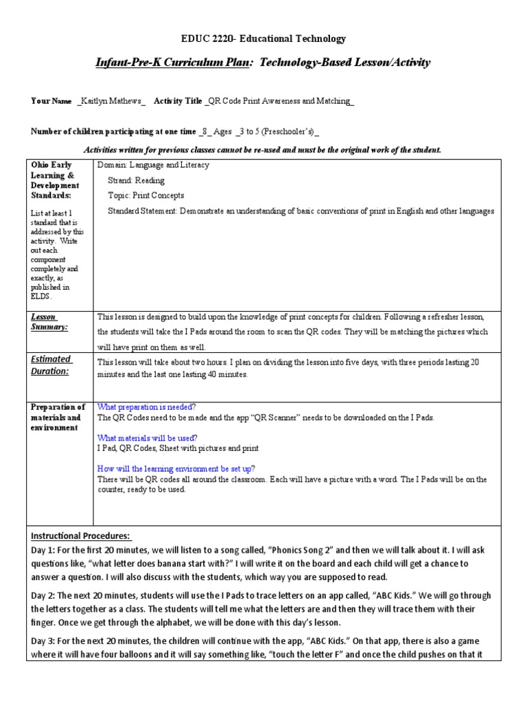 Preschool Technology Lesson Plan | PDF | Phonics | Teaching
