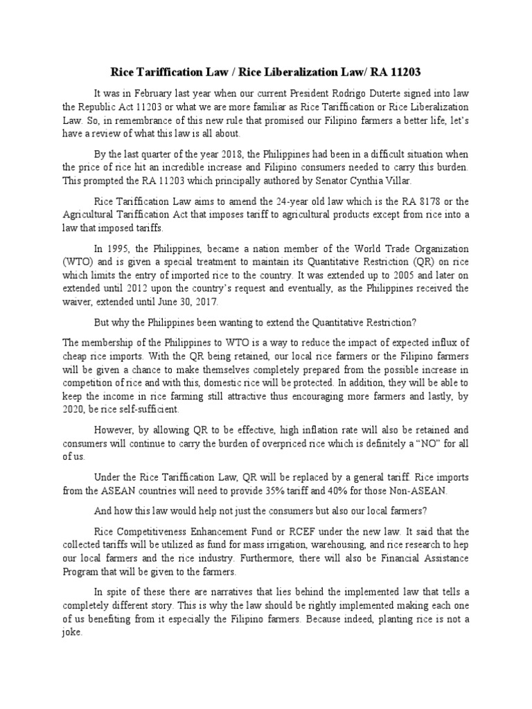 Rice Tariffication Law / Rice Liberalization Law/ RA 11203 | PDF ...