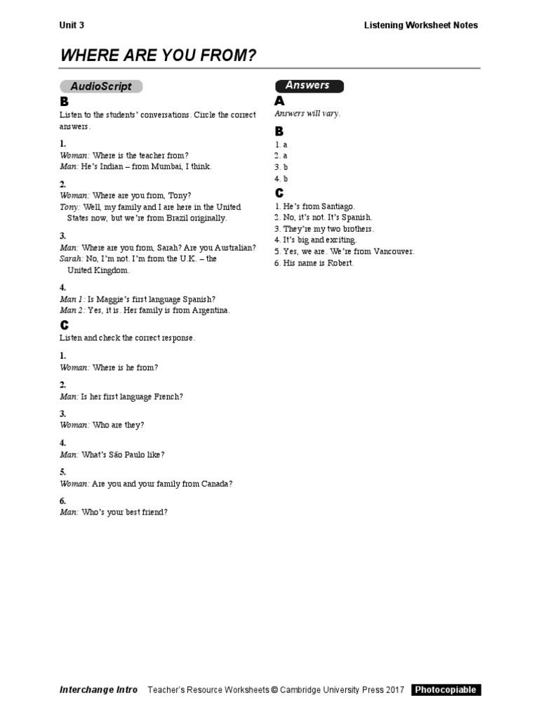 Interchange Intro - Unit 3 - Listening Worksheet | PDF