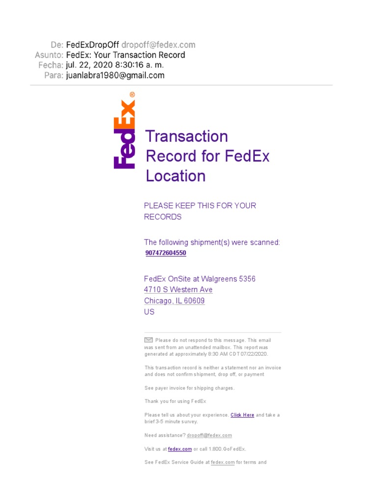 FedEx Transaction Record at Walgreens | PDF