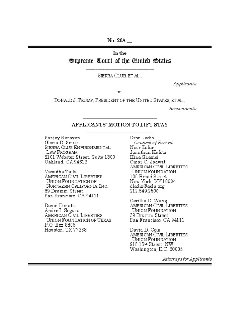 Sierra Club v. Trump Motion To Lift Stay | PDF | Standing (Law ...