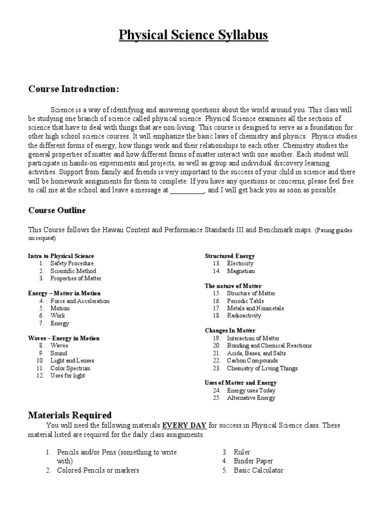 Physical Science Syllabus: Course Introduction | PDF | Matter | Science